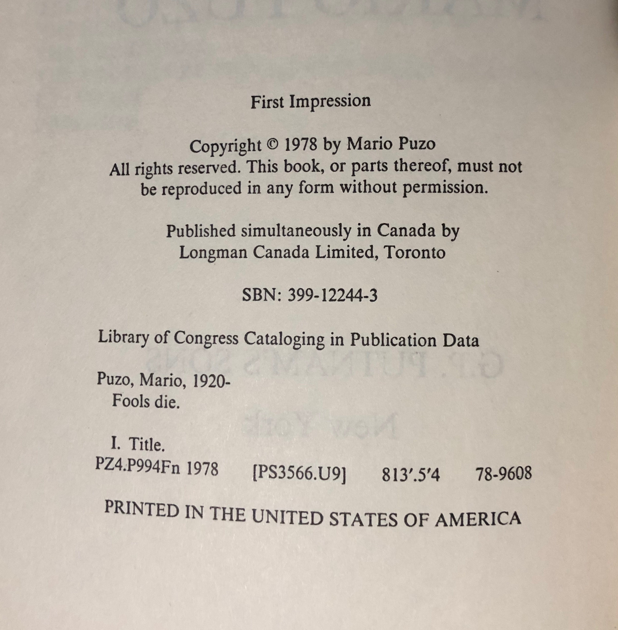 Fools Die 1978 by Mario Puzo First Impression Vintage Hardback Book ...