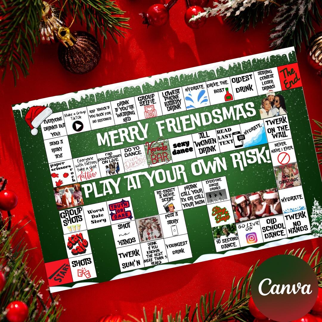 Editable Friendsmas Game Board – Canva Template | Fun Holiday Party ...