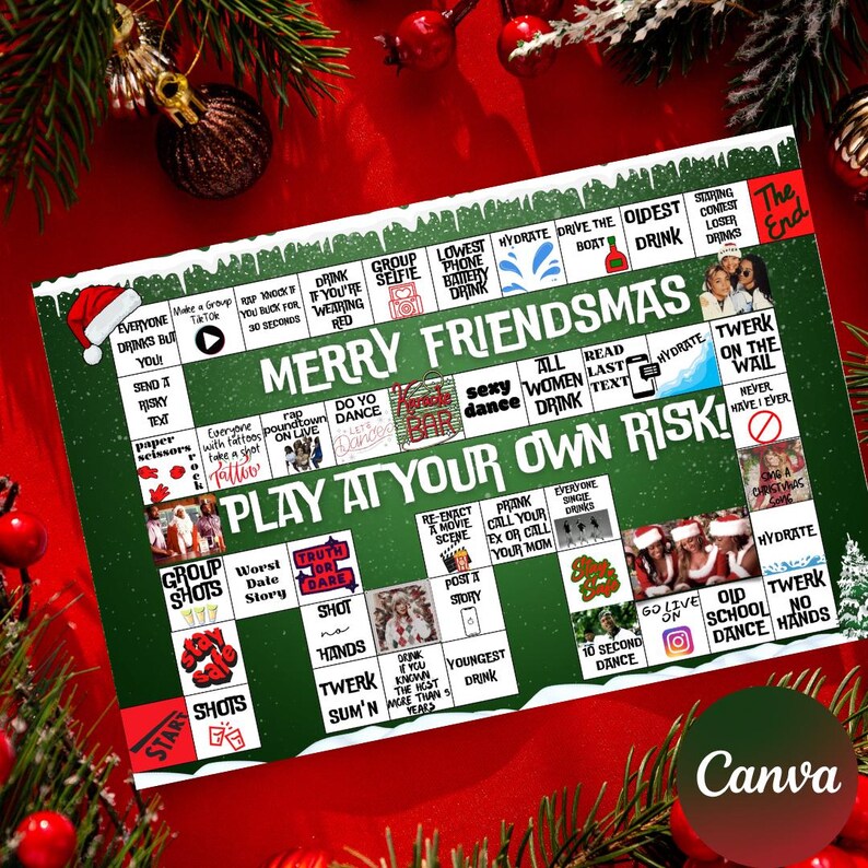 Editable Friendsmas Game Board – Canva Template | Fun Holiday Party ...