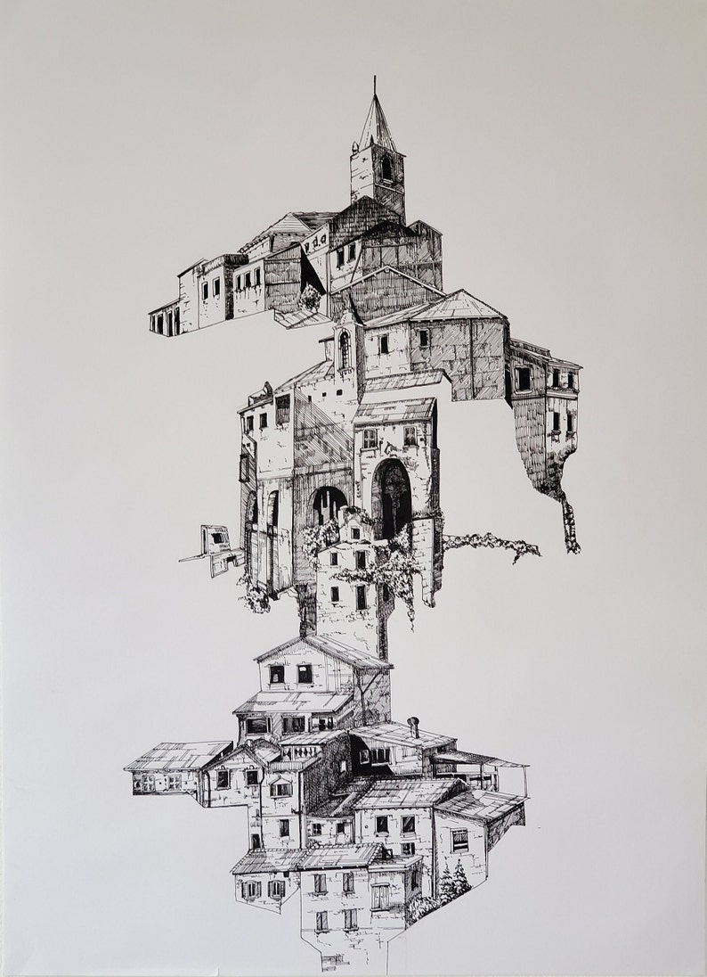 Hillside Village Ink Drawing – Black and White Abstract Art, A2 Size - Etsy