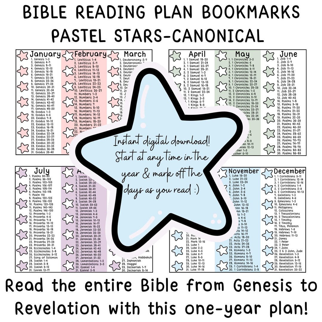 Bible Reading Plan Bookmarks Pastel Stars Canonical Bible in One Year ...