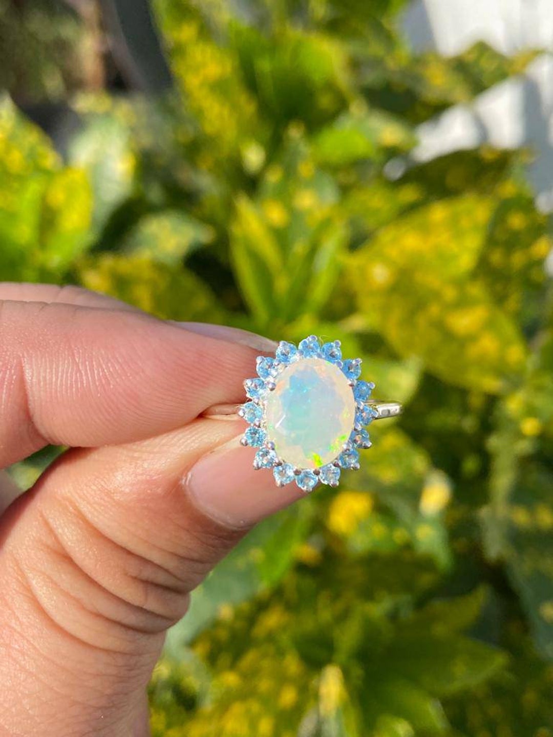 Natural Opal Engagement Ring – Sterling Silver Blue Topaz Halo - Etsy