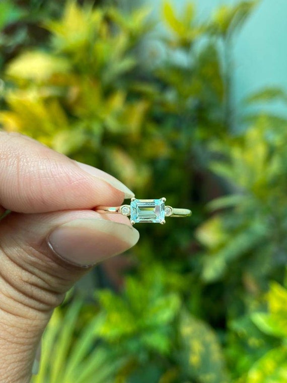 Baguette Aquamarine Ring 14K Gold Aquamarine Ring March | Etsy