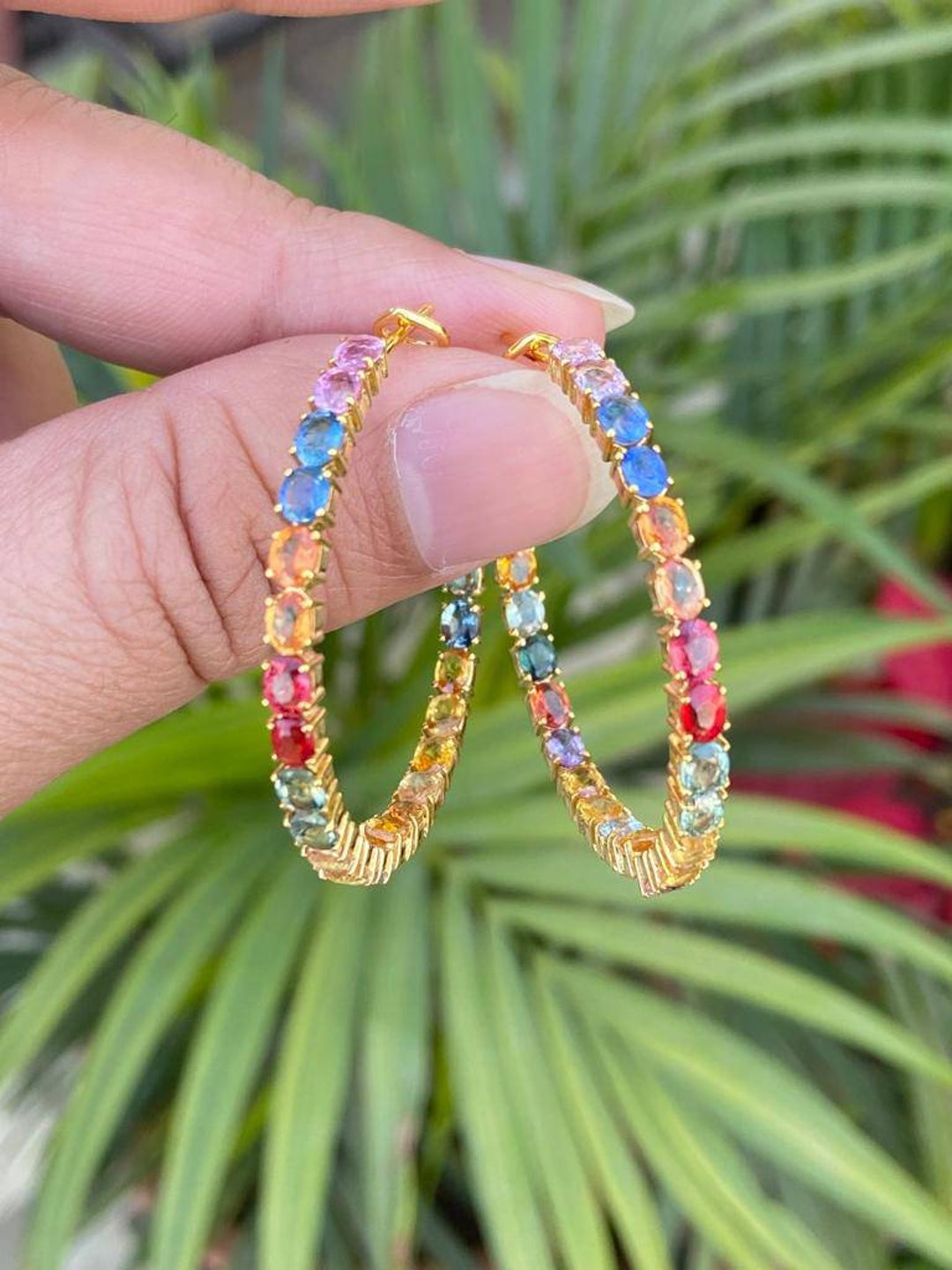 14k Gold Multi Sapphire Hoop Earrings – Handmade Gemstone Jewelry - Etsy
