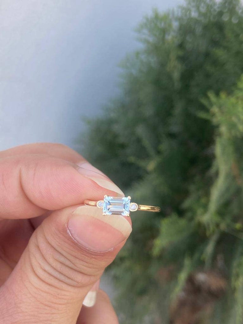 Baguette Aquamarine Ring 14K Gold Aquamarine Ring March - Etsy