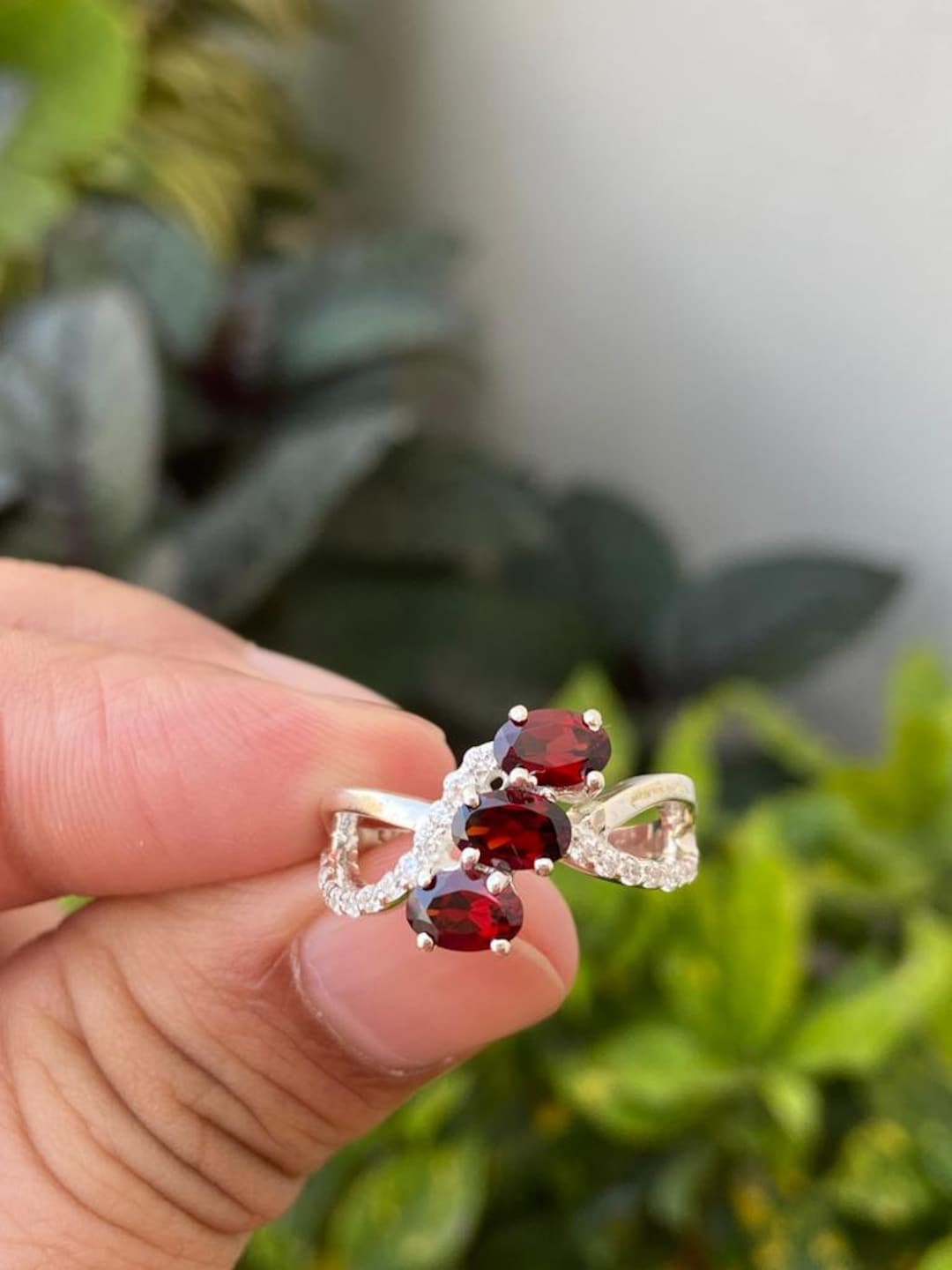 Garnet Engagement Ring- Three Stone Ring- Red Gemstone Ring- Oval Garnet Ring- Silver Garnet ...