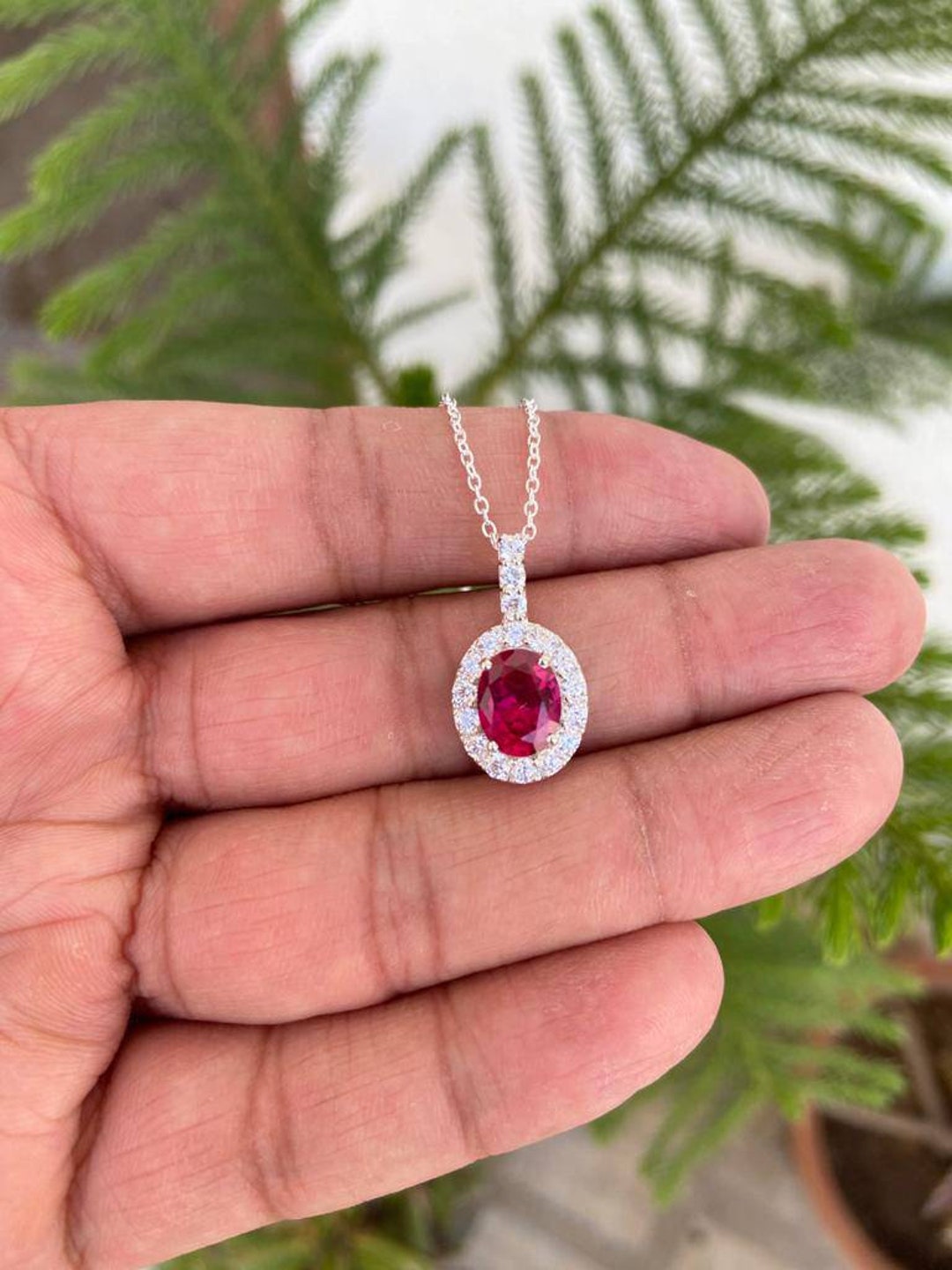 Ruby Necklace Silver Ruby Necklace Oval Ruby Necklace Anniversary Gift ...