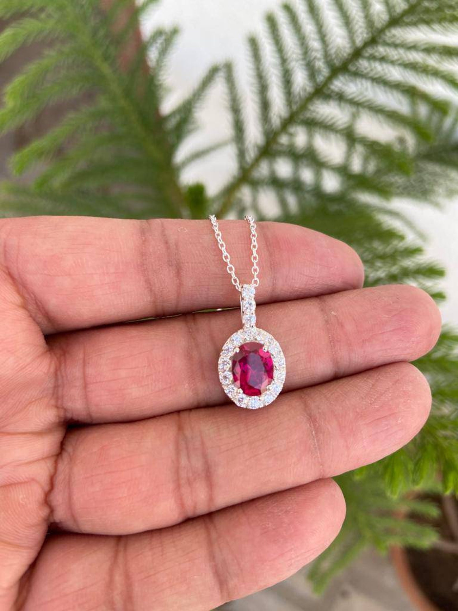 Ruby Necklace Silver Ruby Necklace Oval Ruby Necklace | Etsy