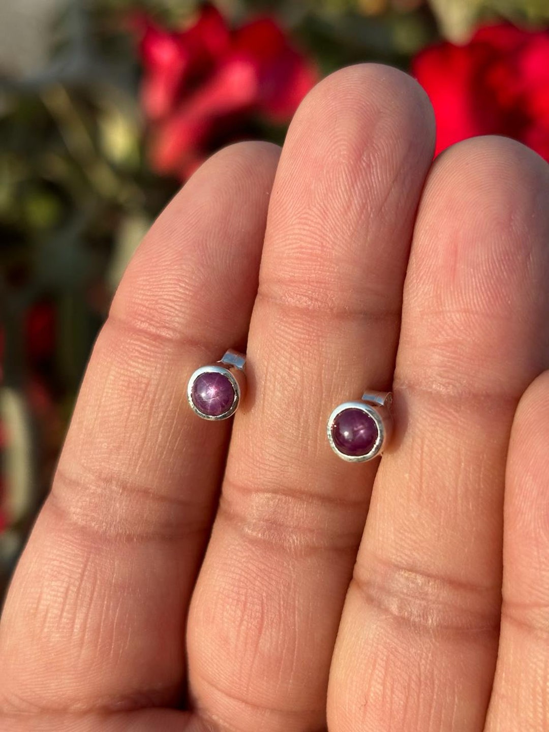 Star Ruby Earrings- Stud Earrings- Round Ruby Earrings- Natural Ruby ...