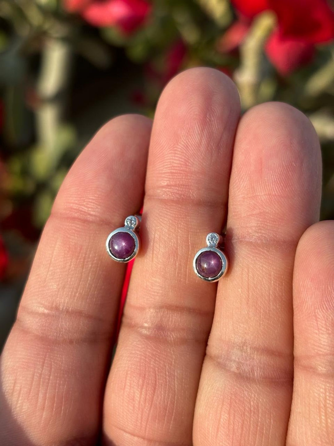 Star Ruby Earrings- Stud Earrings- Round Ruby Earrings- Natural Ruby ...