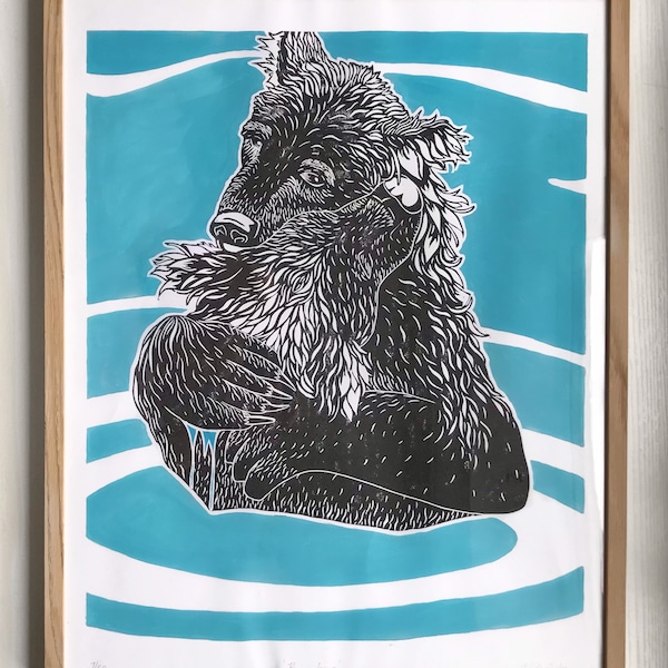 Linocut Bear - Etsy