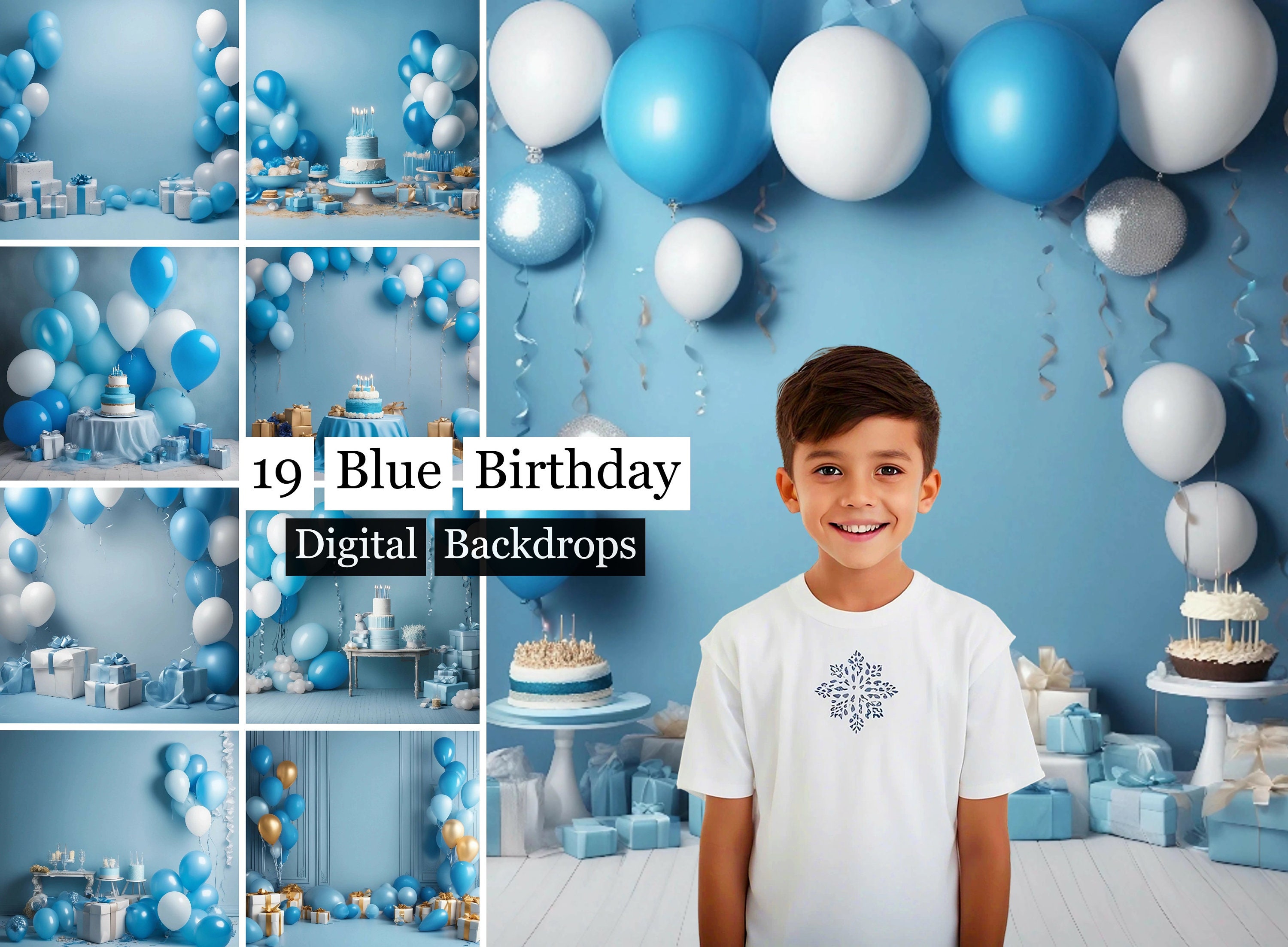 19 Blue Birthday Backdrop,blue Balloon Arch,blue Balloons Digital ...