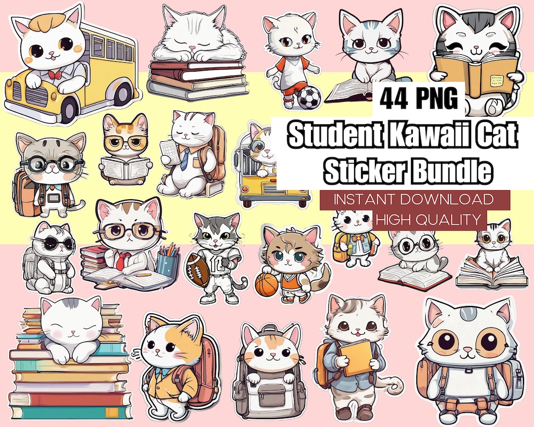 44 Student Kawaii Cat Stickers Bundle Kawaii Digital - Etsy
