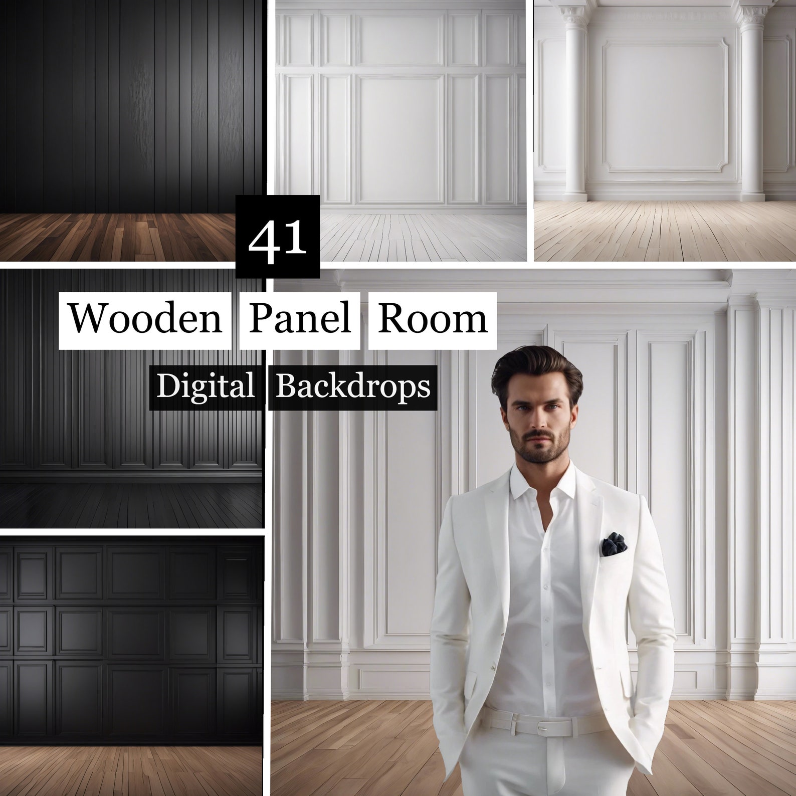 41 Black & White Panel Wall Digital Backdrop Set, Wooden Panel Room ...