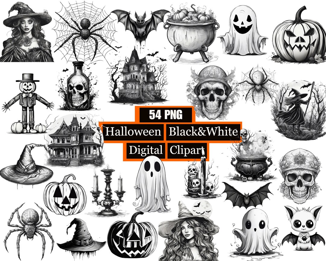 54 Halloween Black&white Digital Clipart, Halloween Clipart, Pumpkin ...