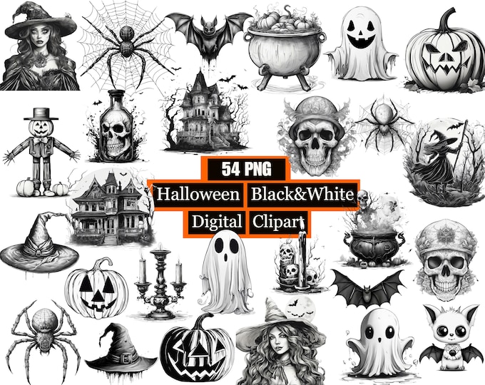 54 Halloween Black&white Digital Clipart, Halloween Clipart, Pumpkin ...