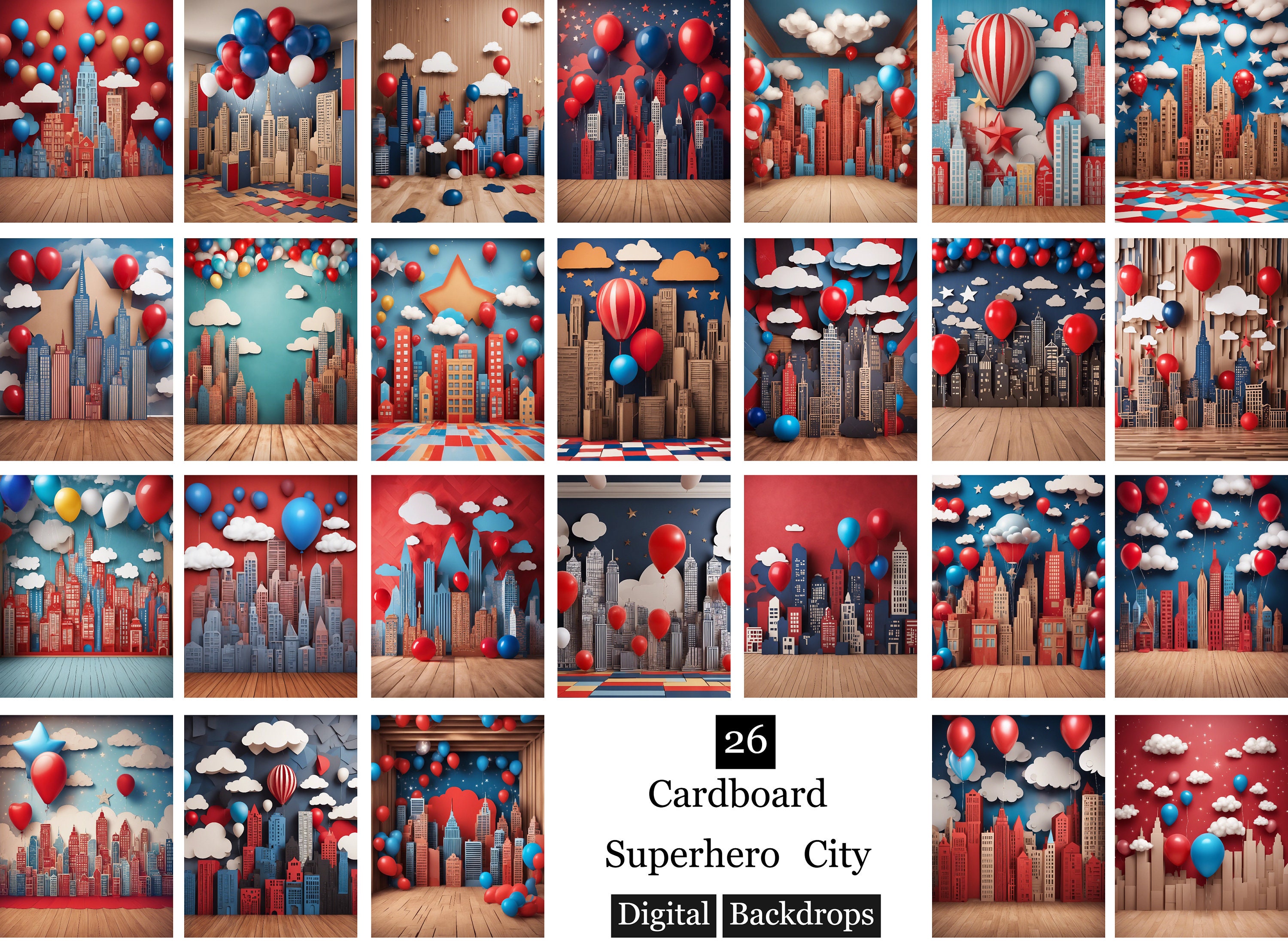 26 Cardboard Superhero City Backdrops, Superhero City Digital Backdrops ...