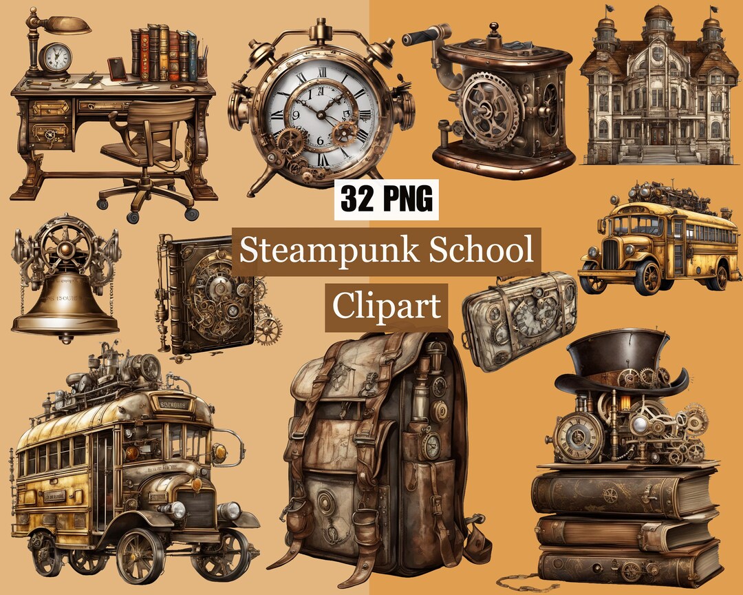 32 Steampunk School Clipart,back to School Clipart , Steampunk Digital ...