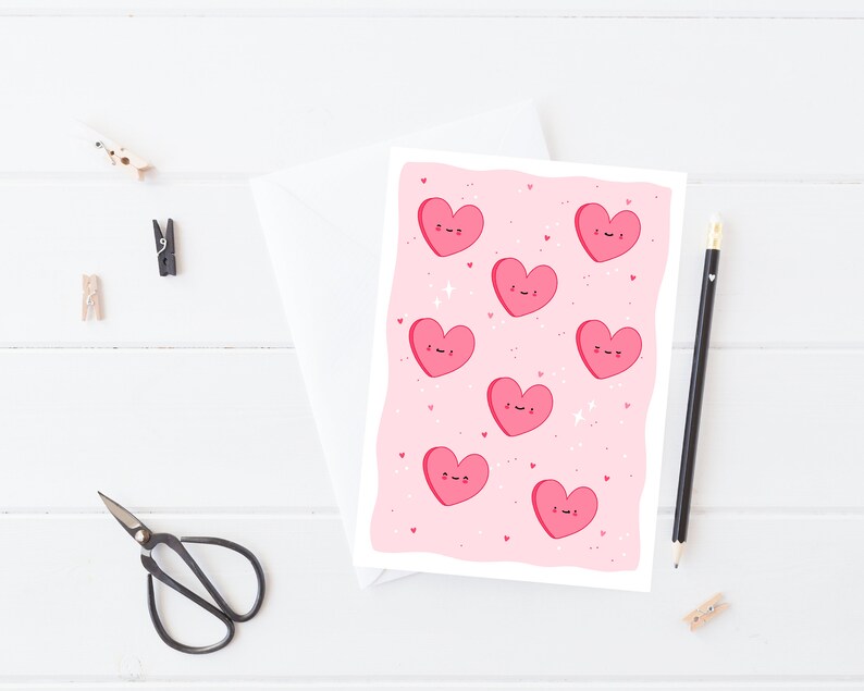 Kawaii Hearts Card - Cute Anniversary Card, Valentines, Hearts, Pink ...