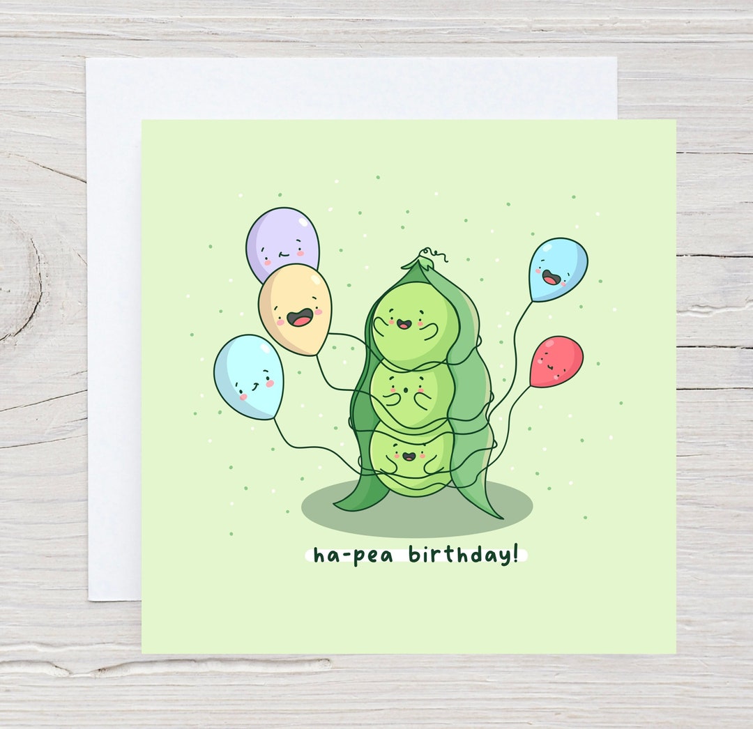 Cute Ha-pea Birthday Card - Kawaii Pea Birthday, Food Pun, Kawaii ...