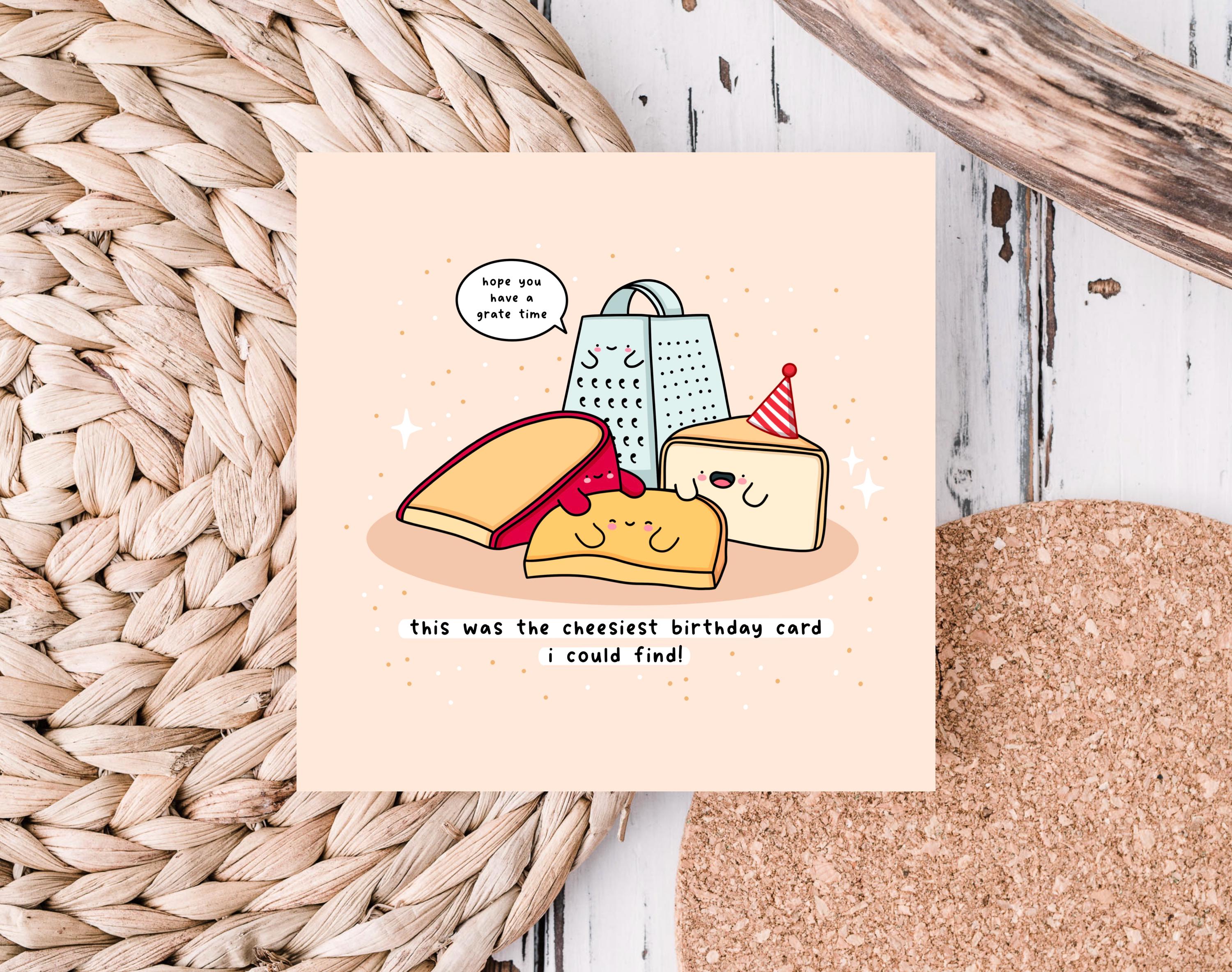 Cheesy Birthday Card: Kawaii Food Pun, Recycled Cardstock - Etsy