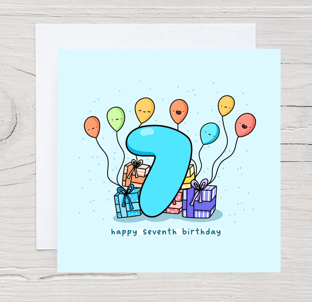 Happy 7th Birthday Card for Seven Year Old Child, Kawaii Birthday Card ...