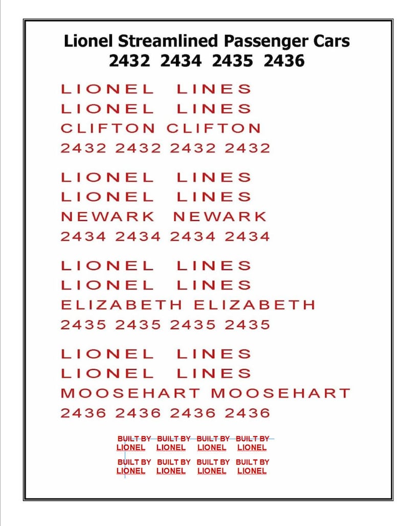 Lionel Streamlined Passenger Car Lettering Decal Set 2432, 2434,2435 ...