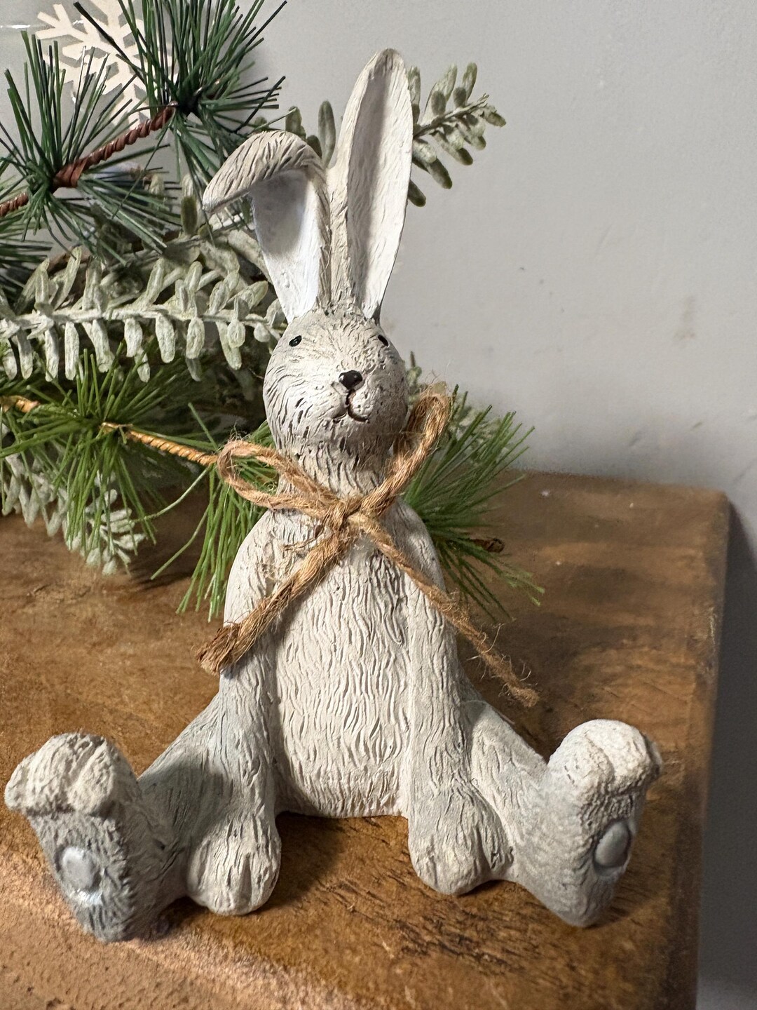 Grey Small Sitting Rabbit With Jute Bow, Rabbit, Bunny, Home Decor ...