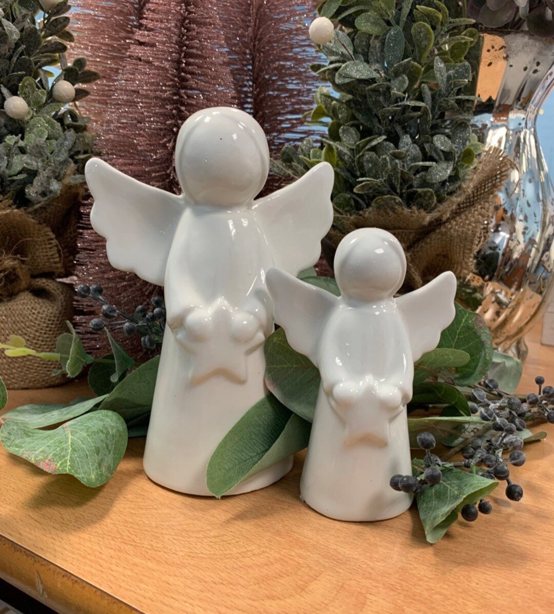 Set of Two White Ceramic Angels Simplistic Design Spiritual - Etsy