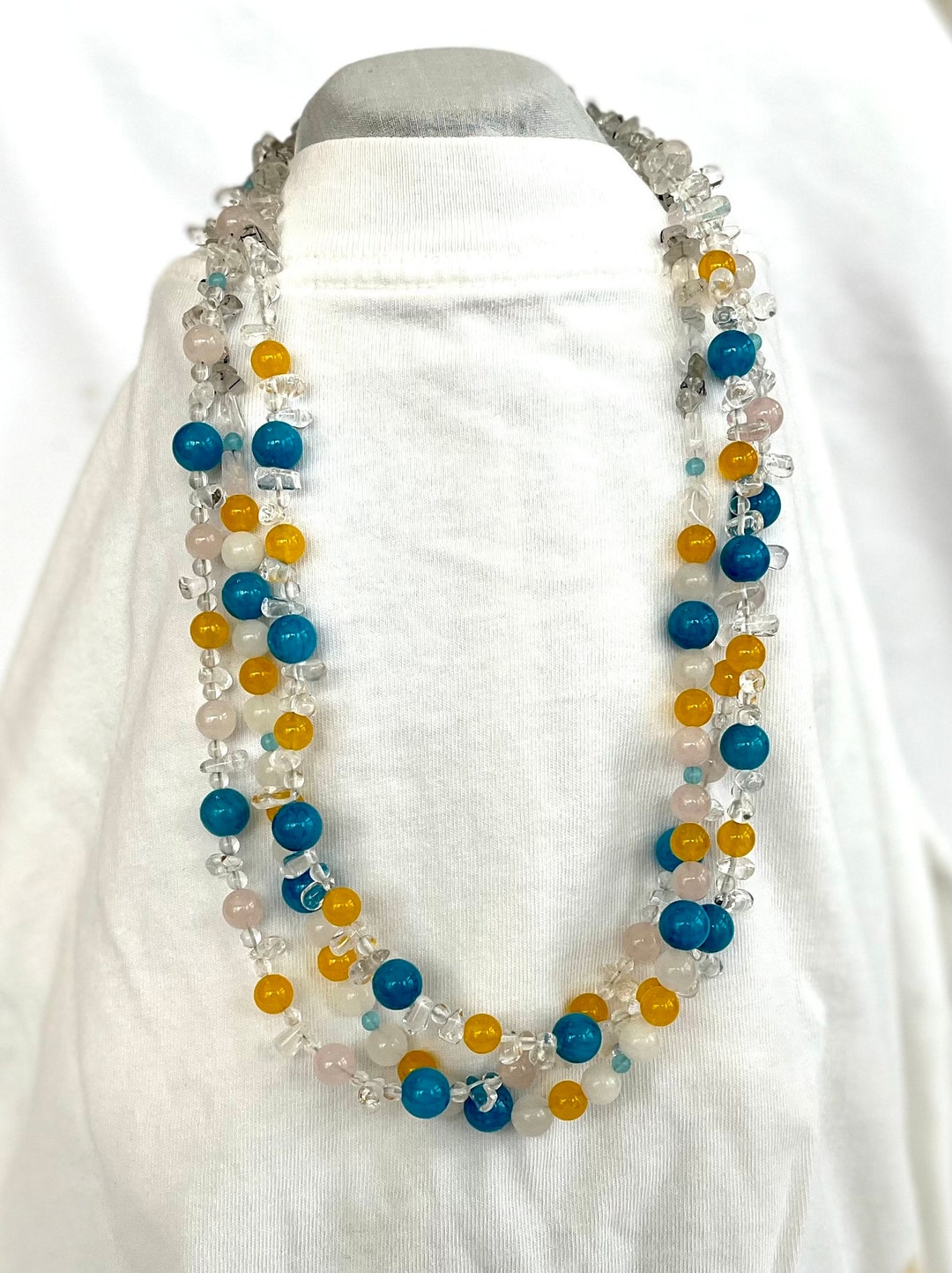 Ukraine Necklace, Multi Strand Bead Necklace, Genuine Gemstones, Quartz ...