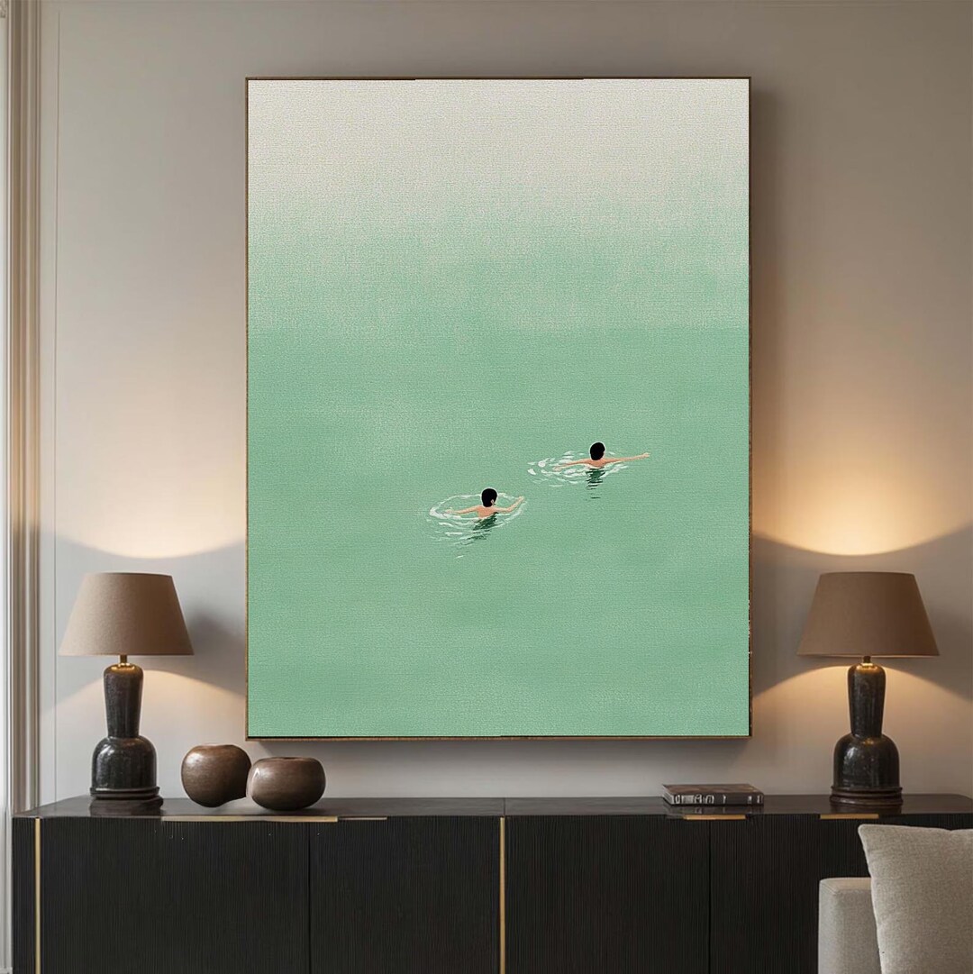 People Floating in Ocean Wall Art Swimming Into Green Pool Oil Painting ...