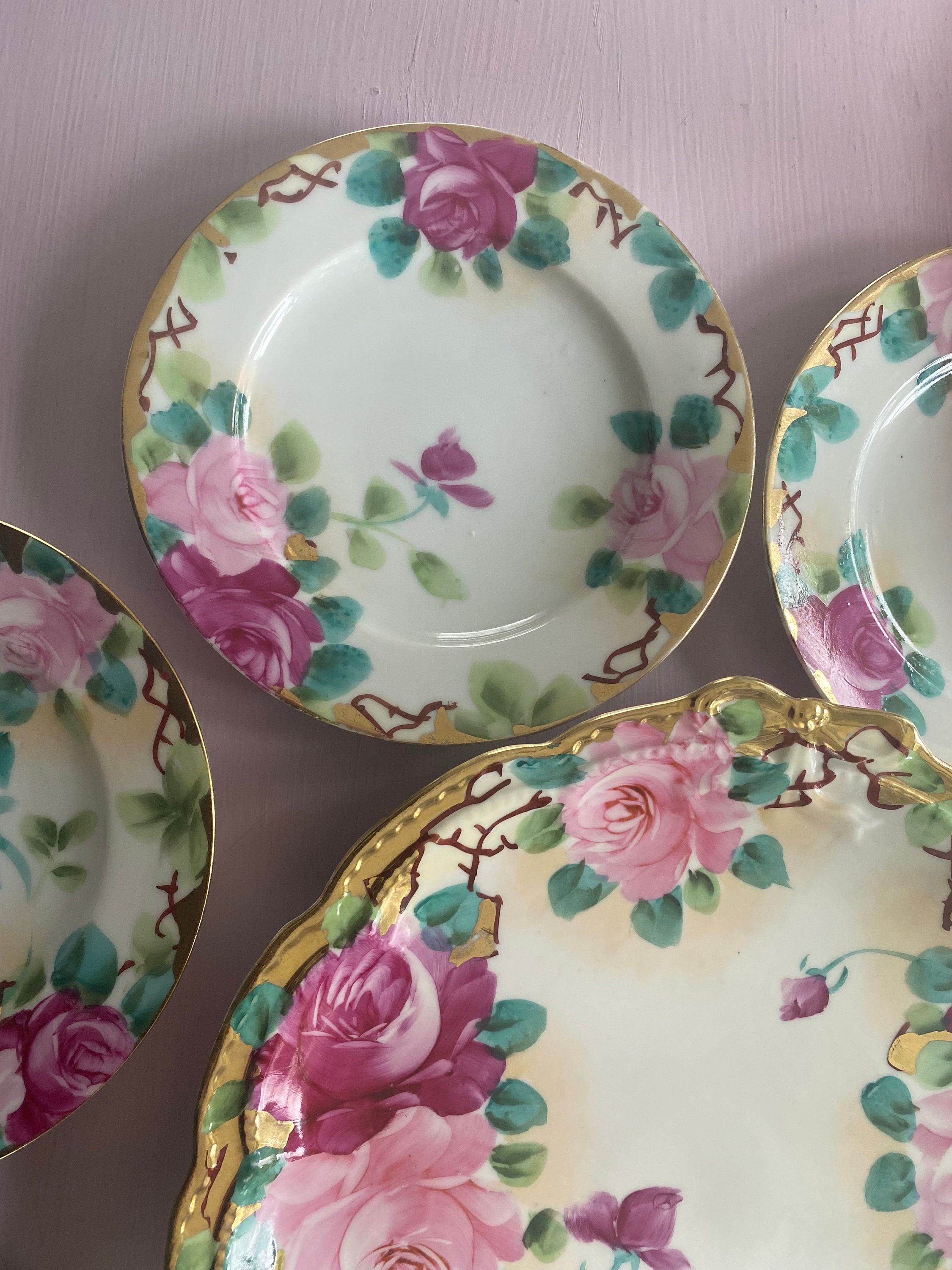 Vintage Hand Painted Pink and Burgundy Roses Cake Plate and Dessert ...