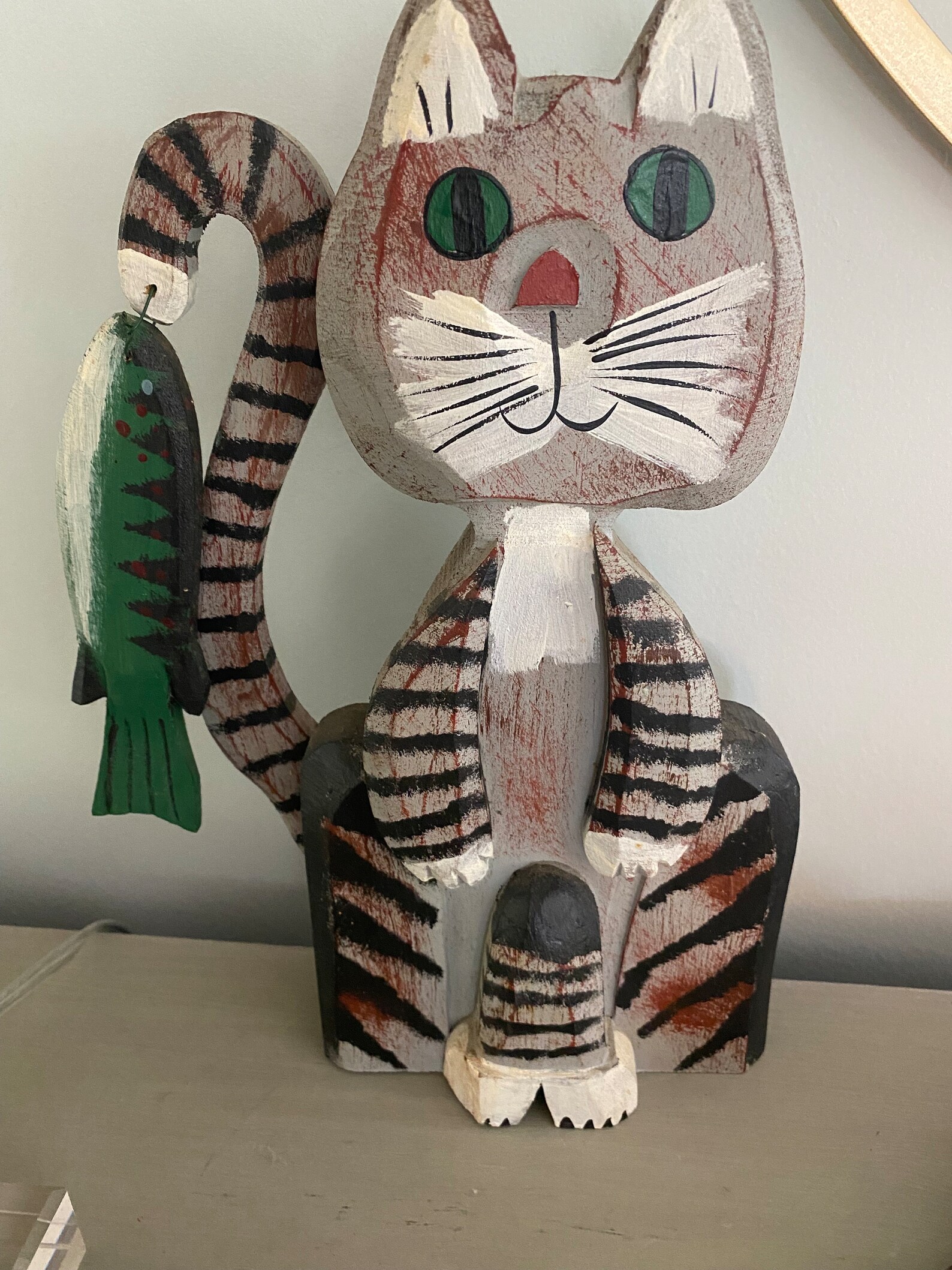 Vintage Wooden Americana Cat, Painted Wooden Cat Carrying a Fish, Large ...
