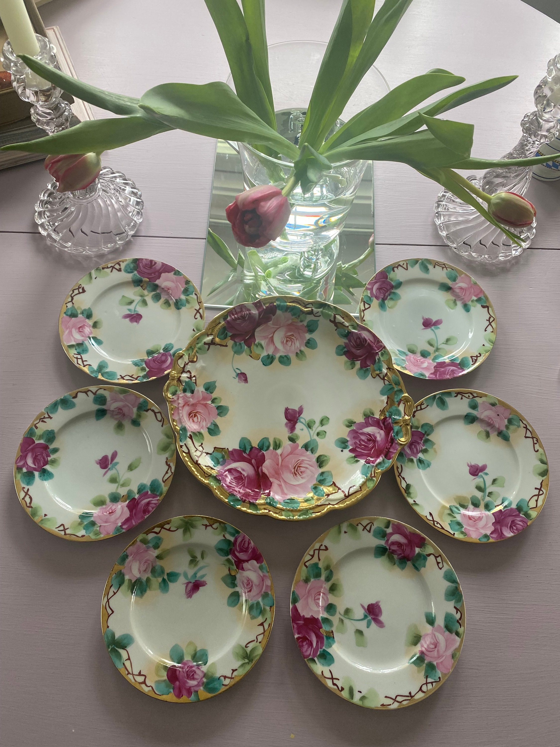 Vintage Hand Painted Pink and Burgundy Roses Cake Plate and Dessert ...