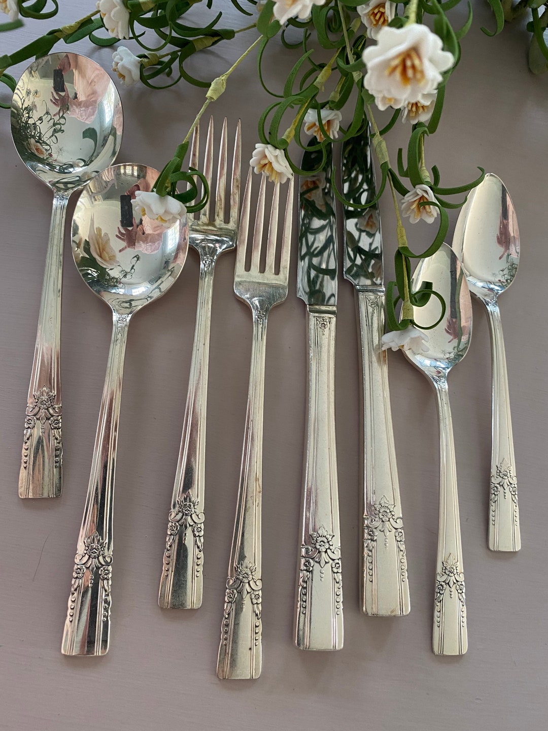 Vintage Silver Flatware Set for 2,silver Wedding Flatware for Bride and ...