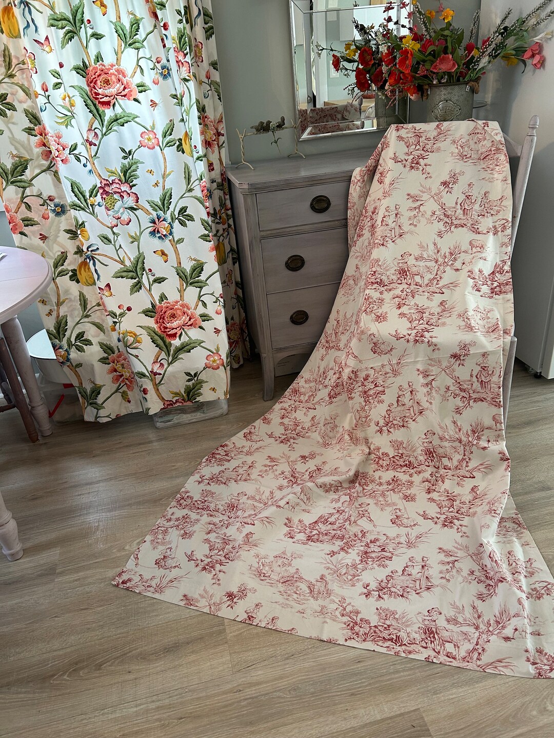 Vintage Red and White Toile Lined Panel, French Country Toile Fabric ...