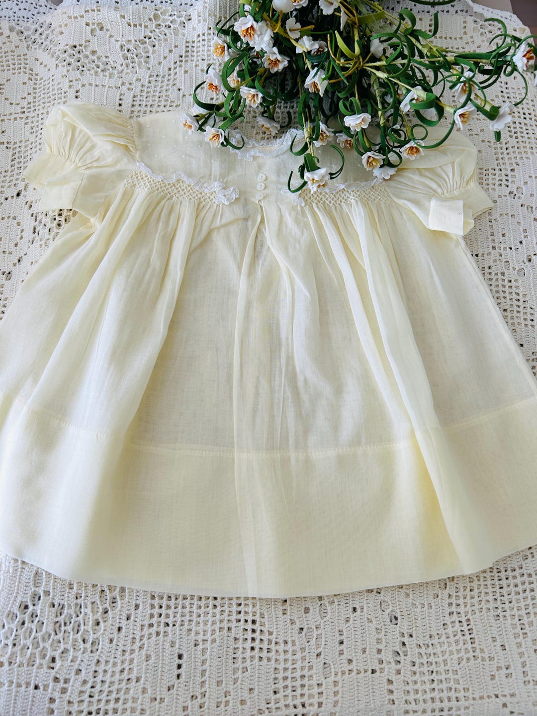 Vintage Baby Clothes, 1950's Yellow and White Smocked Embroidered Lace ...
