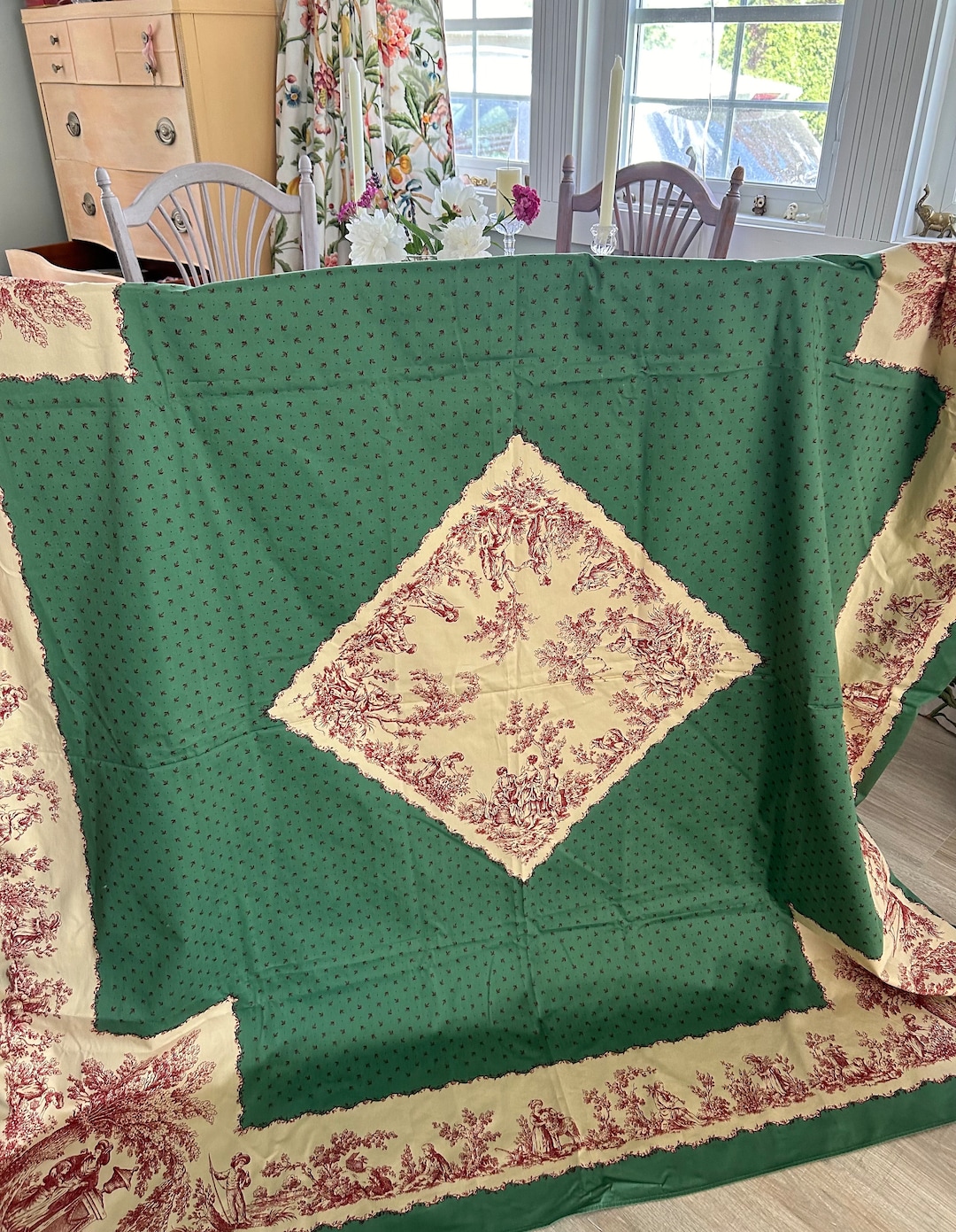 Vintage Rare Beauville French Country Toile Green and Raspberry ...