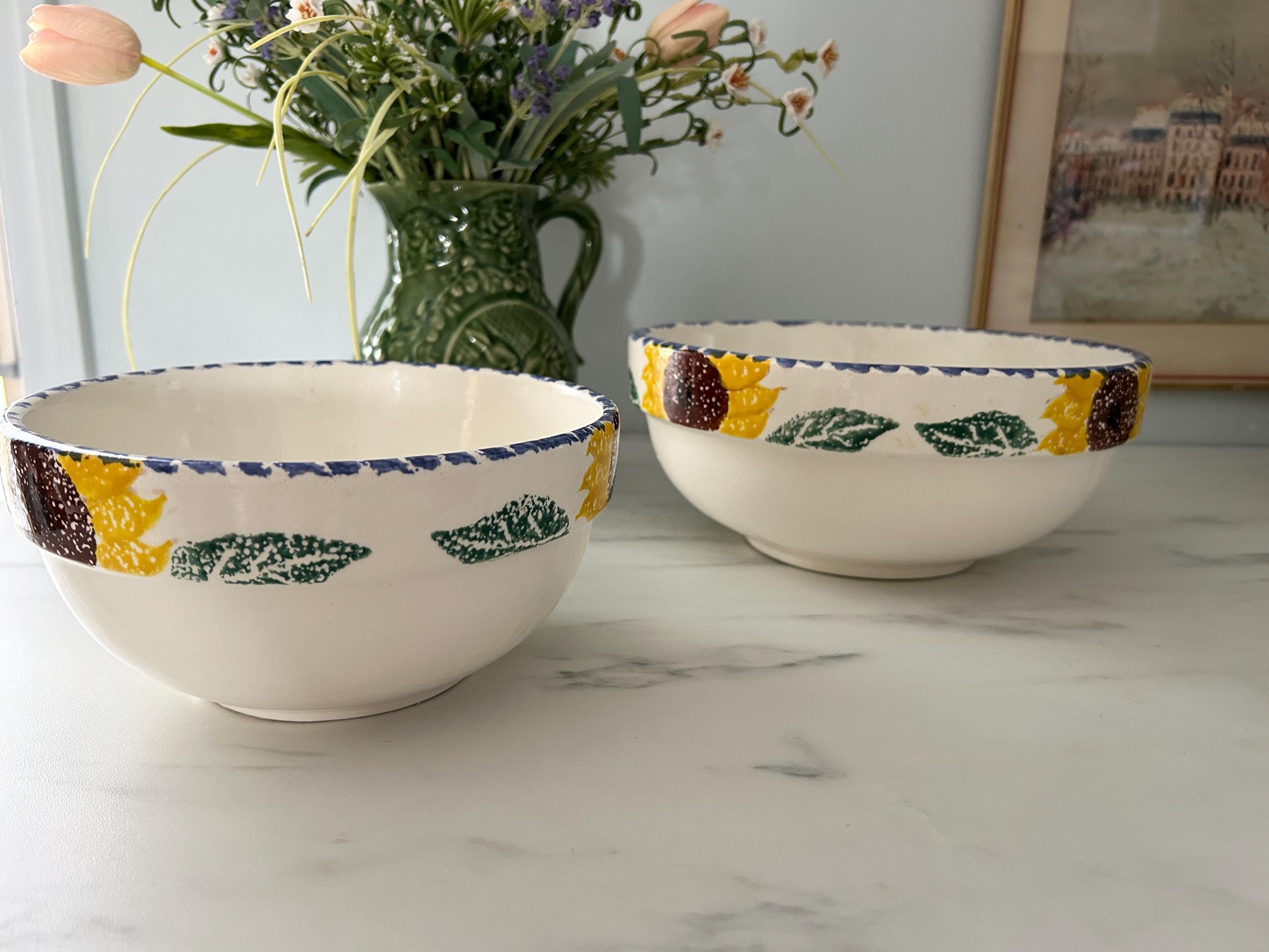 2 Vintage Pottery Sunflower Kitchen Bowls,green Yellow and Blue ...