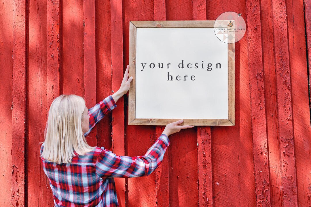 Red Barn Scene | Model Mockup | 24x24 Farmhouse Wood Sign Mockup | - Etsy