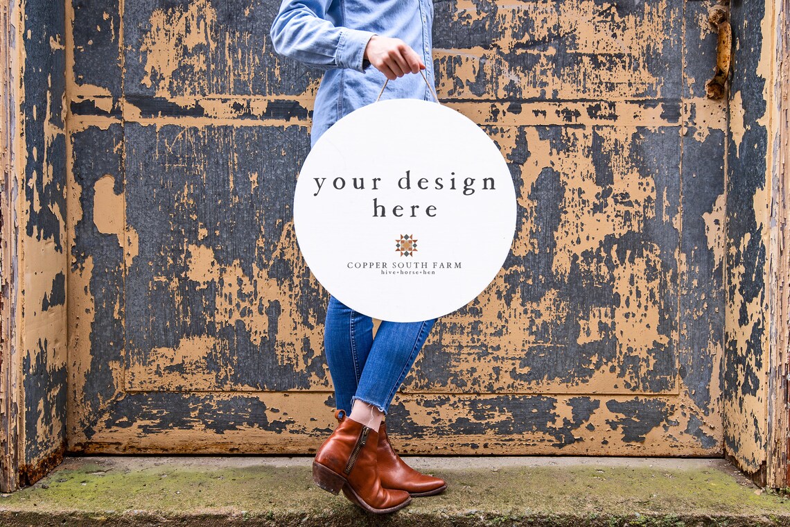 White Circle Sign Mockup | Old Chipped Yellow Door Scene | Small Town ...