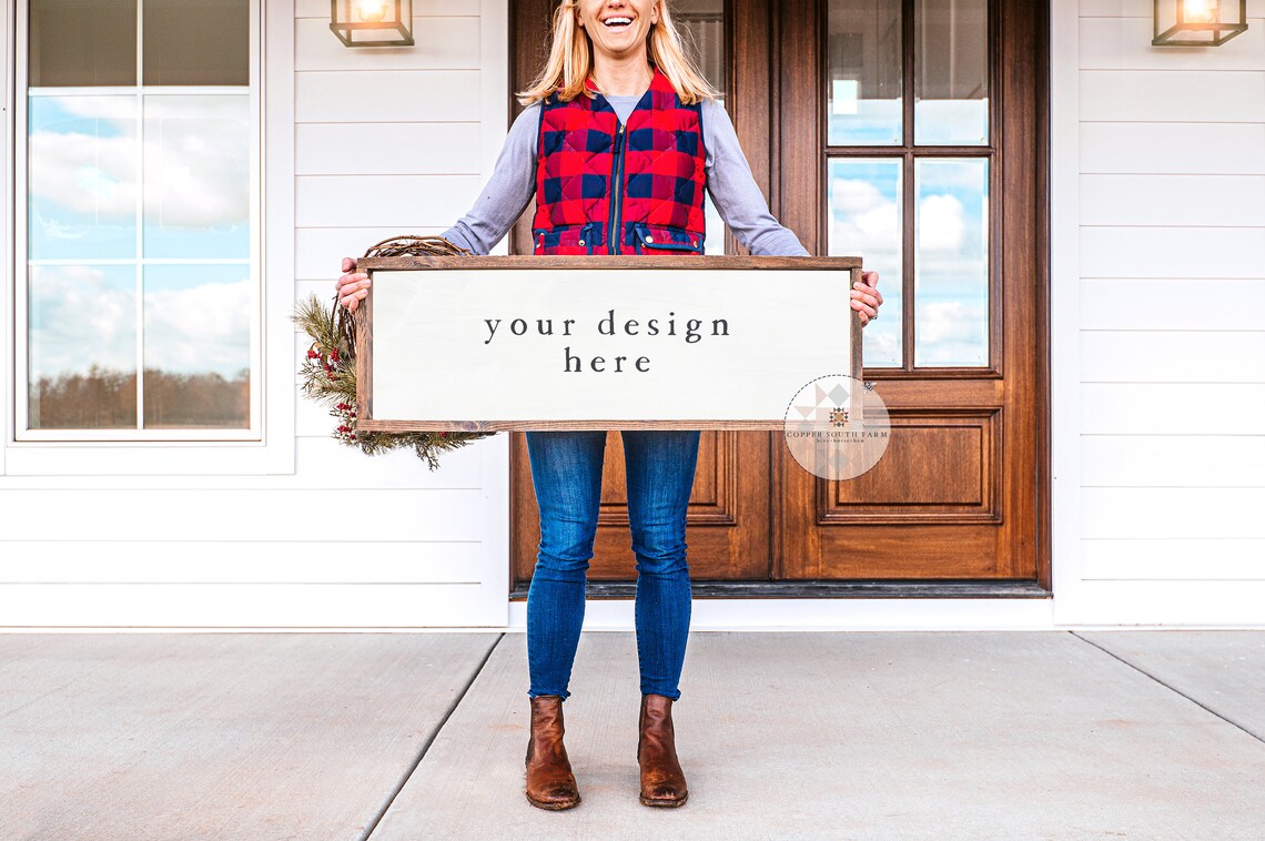 12x36 Farmhouse Sign Mockup | Model on Front Porch | Blank Wood Sign ...