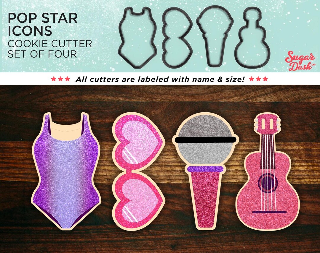 Pop Star Cookie Cutter Set of Four | Bodysuit, Mic, Guitar and Heart ...