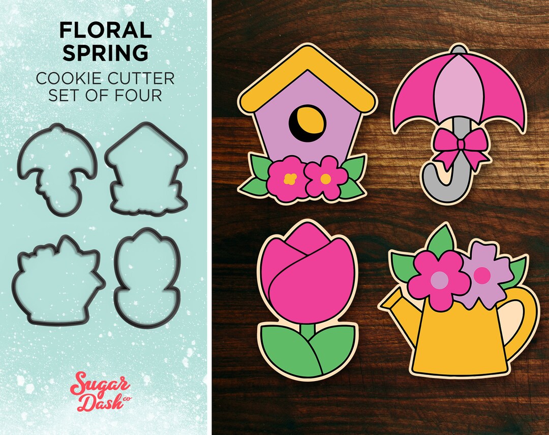 Floral Spring Cookie Cutters - Birdhouse, Umbrella, Tulip and Watering ...