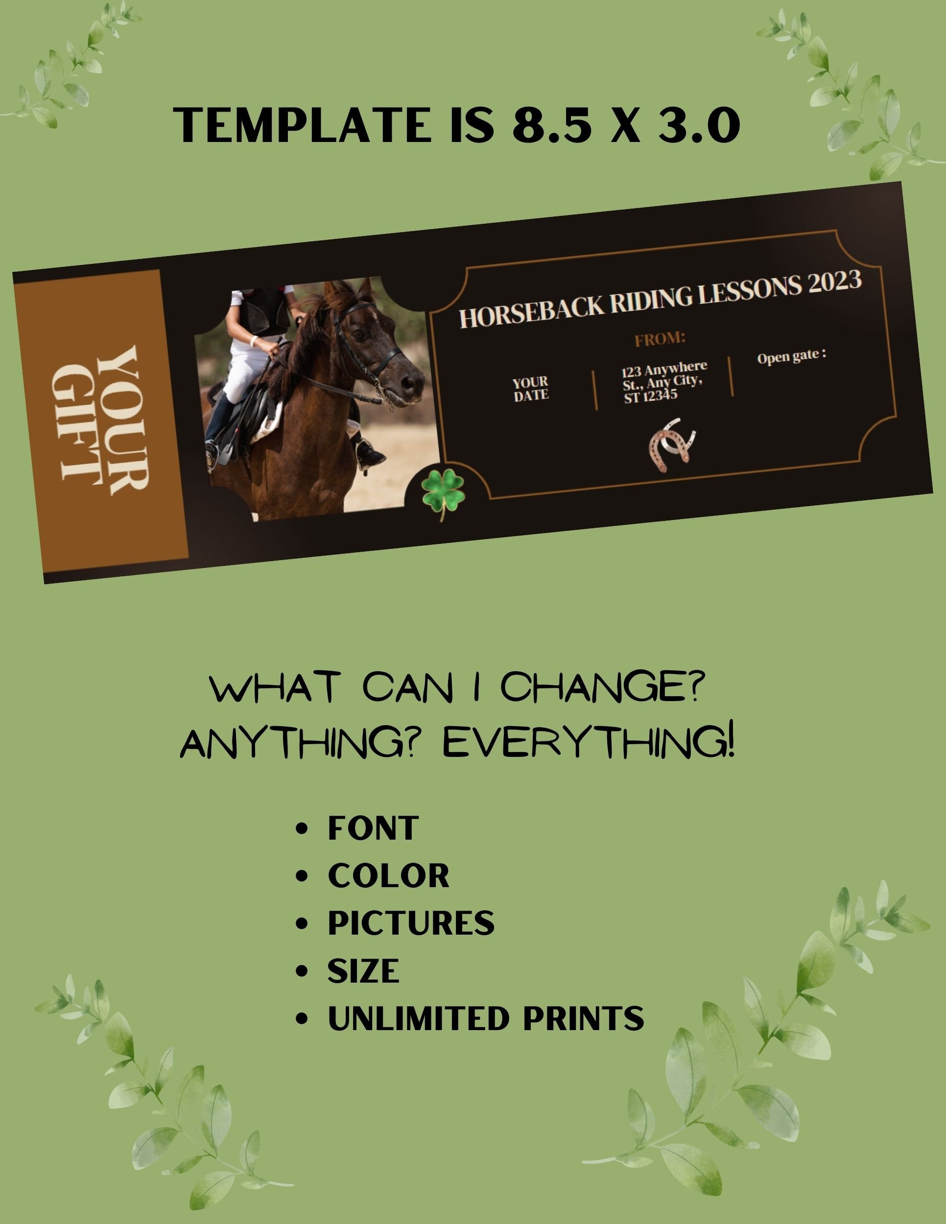 Printable Editable Horseback Riding Lessons Gift Ticket - Etsy