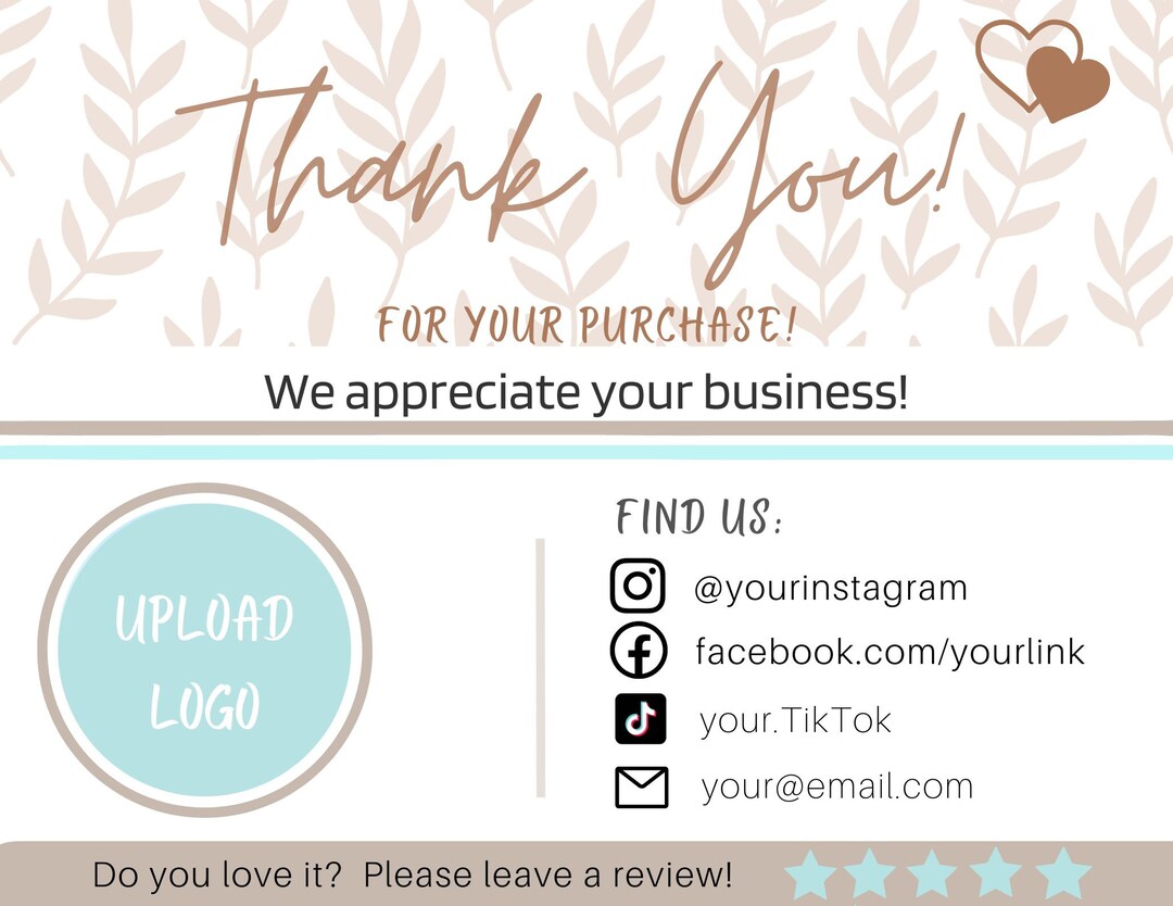 Customizable Thank You Business Card Insert | Editable Template for ...
