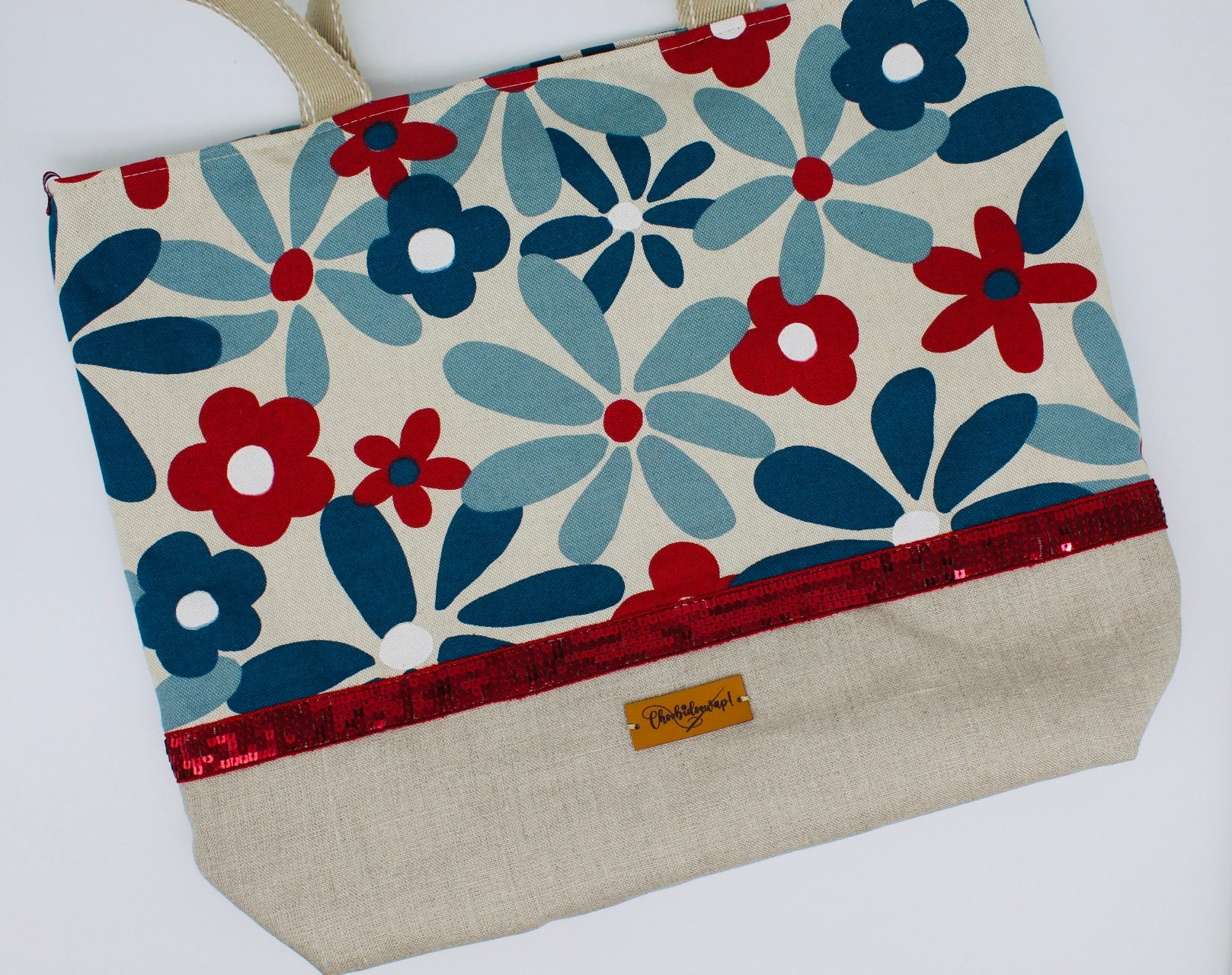 Large Red and Blue Flower Power Tote Bag - Etsy