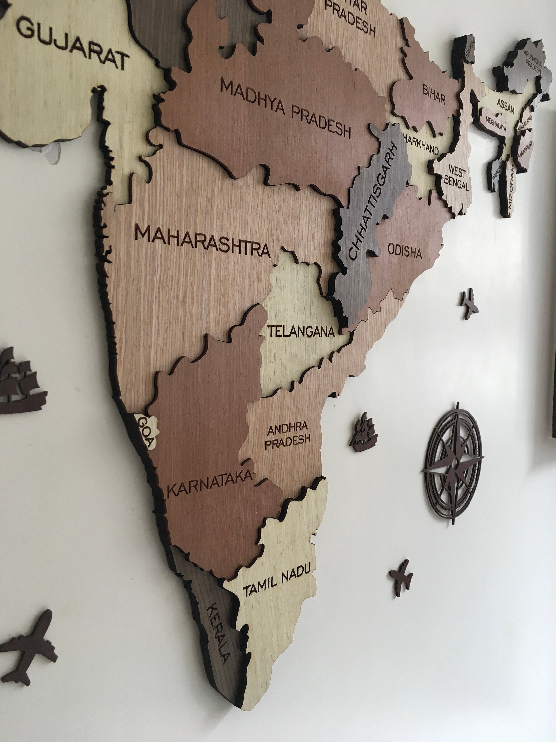 India Travel Map, India Wood Map, Wall Decor, 3D Map, India State Map ...