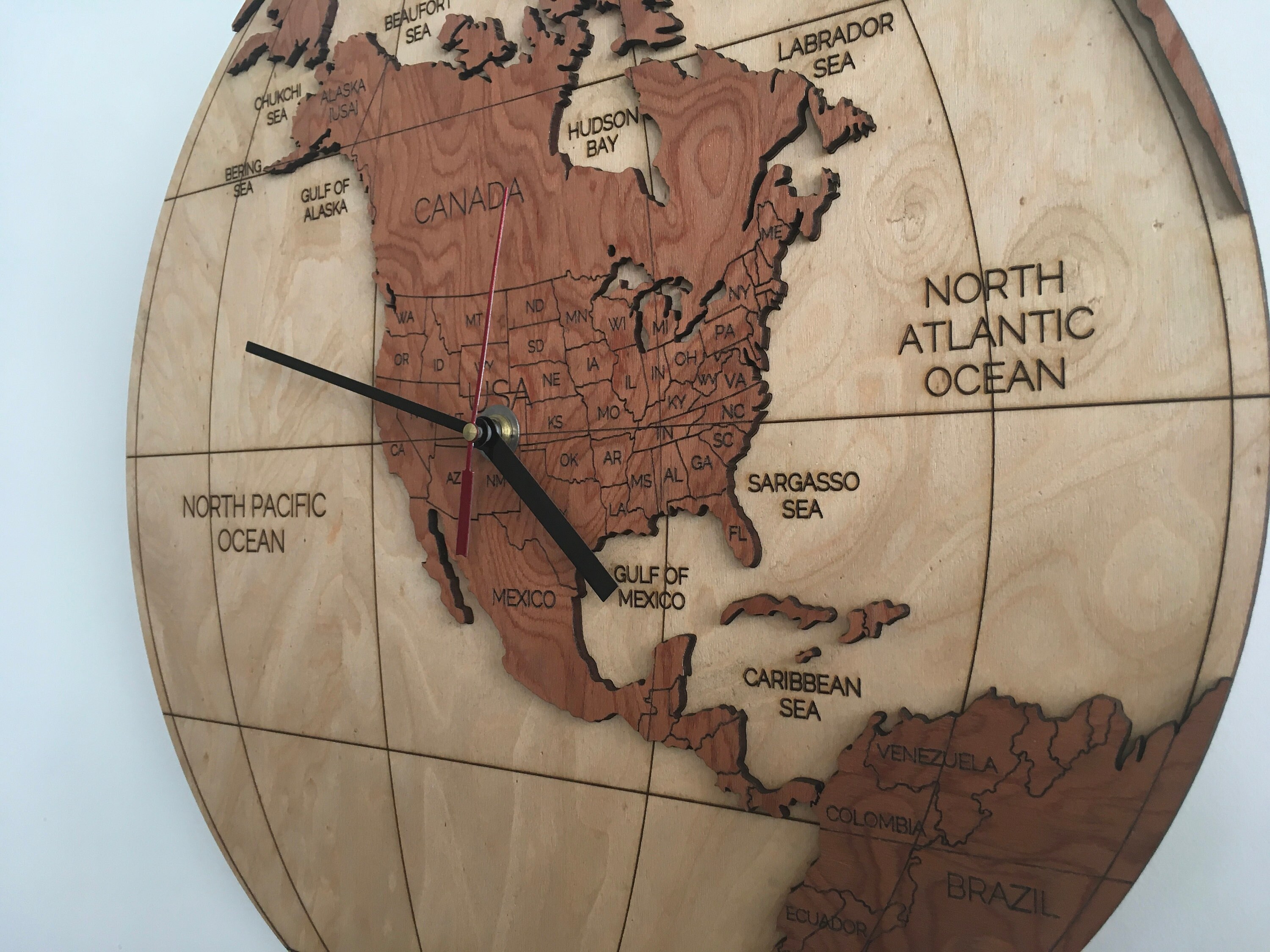 Wooden World Clock - Western Hemisphere (world Map With Countries ...