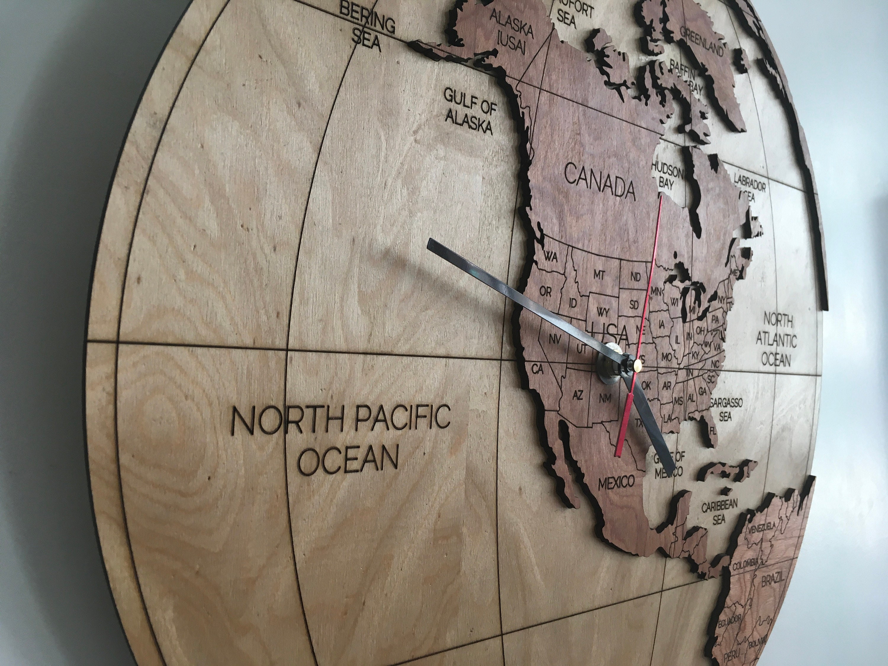 Wooden World Clock - Western Hemisphere (world Map With Countries ...